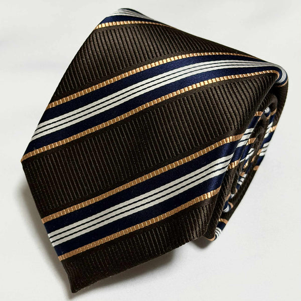 Franco Spada ( フランコスパダ )🆕コンテンポラリーブリティッシュレジメンタルストライプネクタイ：ブラウン×ネイビー×Lオレン ...